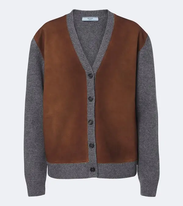 Prada Suede-trimmed Virgin Wool Cardigan - Grey