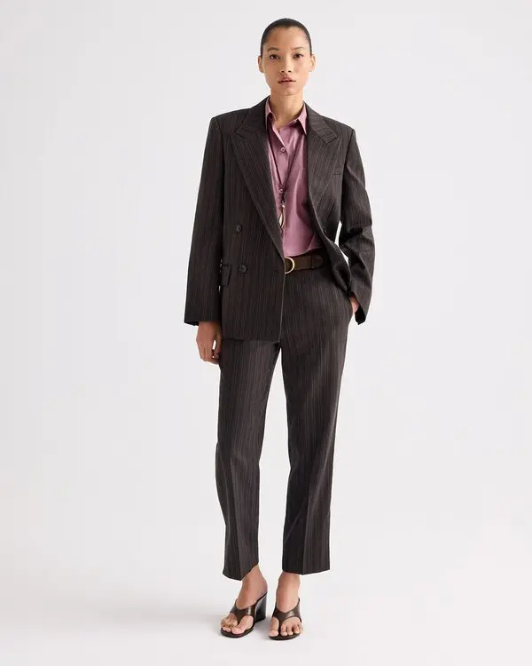 TWP Roberts Pant In Refined Pinstripe Viscose Wool Suiting - Dark Chocolate