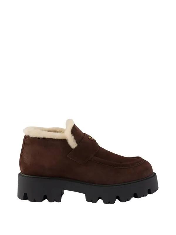 Prada Suede Shearling Loafers With Embossed Rubber Sole