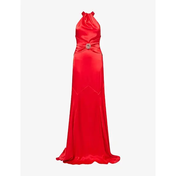 David Koma Crystal-embellished Halter-neck Satin Gown - Red/silver