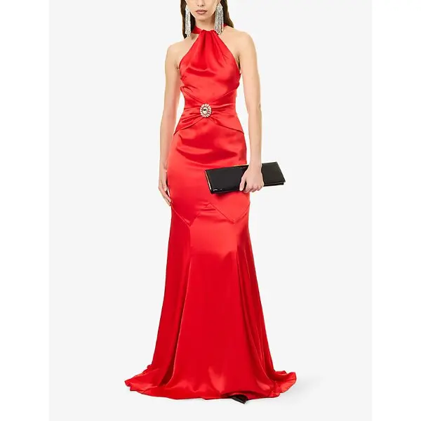 David Koma Crystal-embellished Halter-neck Satin Gown