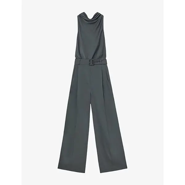 REISS Erica Cowl-neck Satin Jumpsuit - Dark Grey