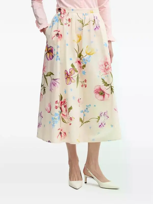 OUI Floral Print Pleated Midi Skirt - Neutrals
