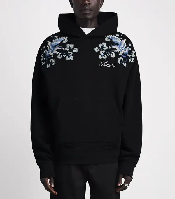 Amiri Cotton Hoodie With Floral Embroidery - Black