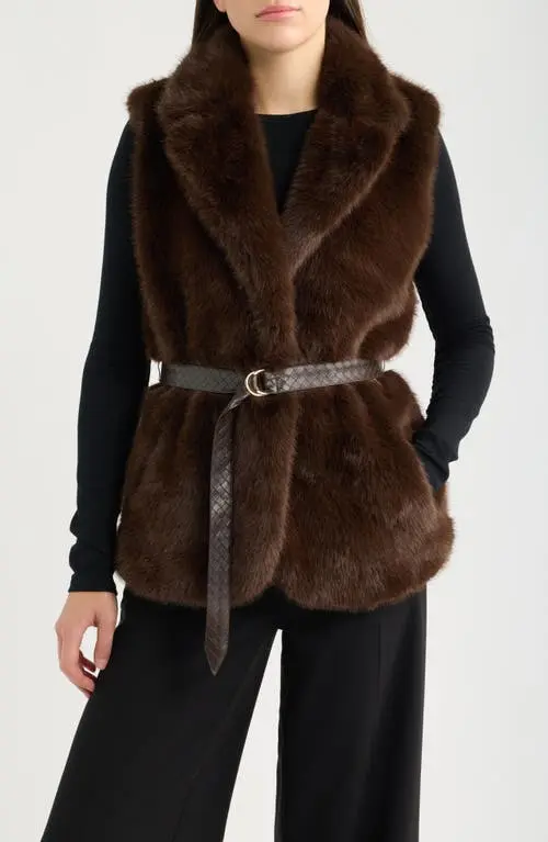 TAHARI ASL Belted Faux Fur Vest - Espresso