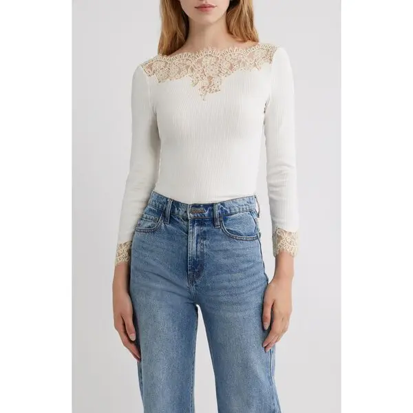 DÔEN Riana Lace Trim Ribbed T-shirt - Salt