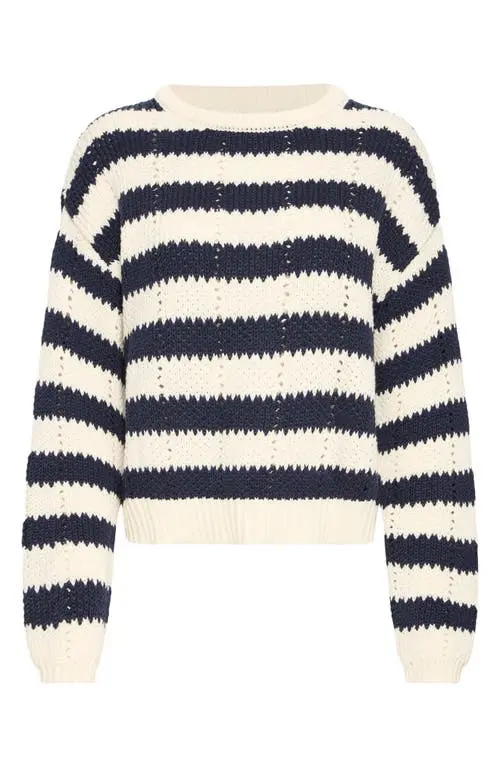 ICHI Befila Striped Pointelle Crewneck Sweater