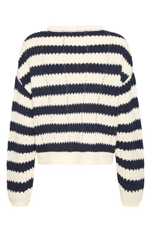 ICHI Befila Striped Pointelle Crewneck Sweater