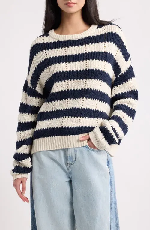 ICHI Befila Striped Pointelle Crewneck Sweater - Total Eclipse Birch Stripe