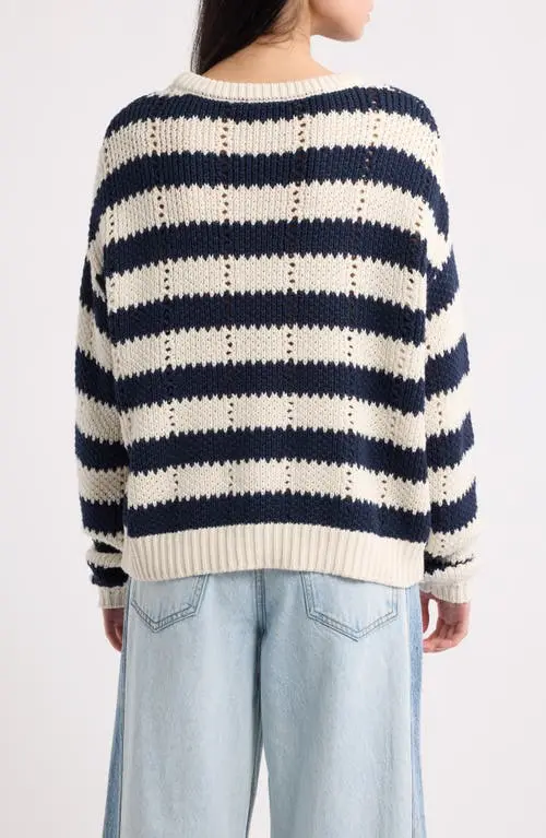 ICHI Befila Striped Pointelle Crewneck Sweater