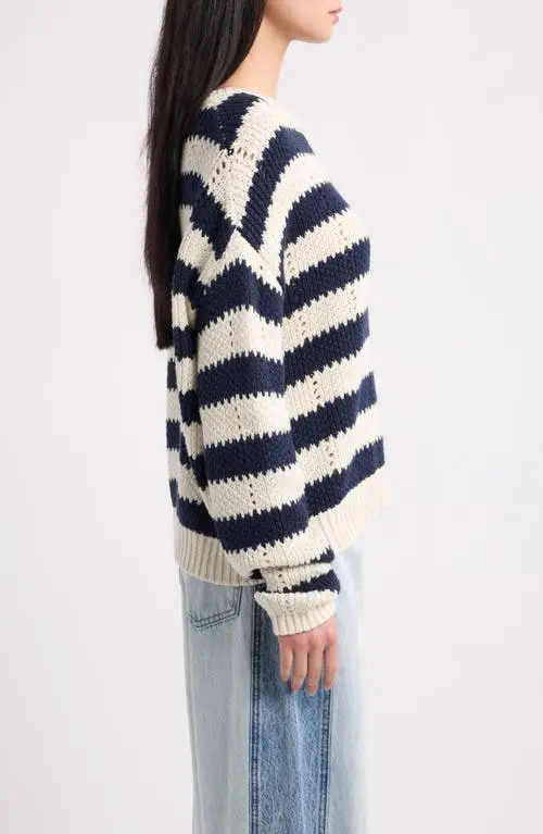 ICHI Befila Striped Pointelle Crewneck Sweater