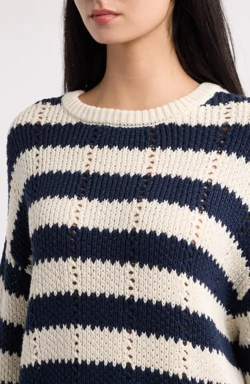 ICHI Befila Striped Pointelle Crewneck Sweater