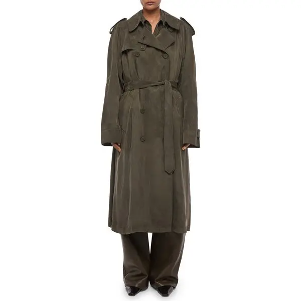 Helmut Lang Fluid Microsuede Trench Coat - Dark Moss