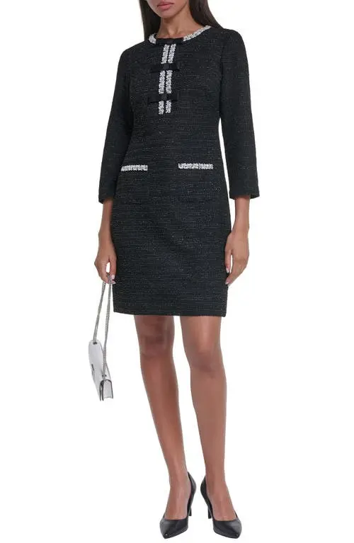 Karl Lagerfeld Paris Bead Detail Shimmer Knit Tweed Shift Minidress