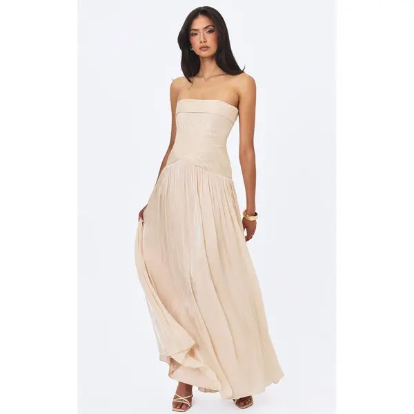 MISS CIRCLE NEW YORK Olivine Crystal Organza Strapless Maxi Dress - Beige