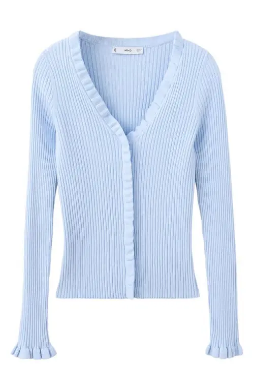 Mango Azucena Ribbed Cardigan With Ruffle Trim - Sky Blue