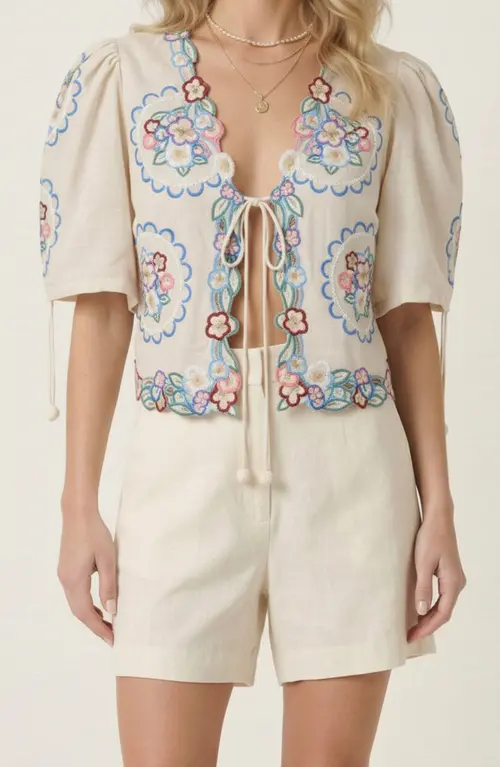 MODENAIRE Floral Embroidered Tie Front Cropped Top