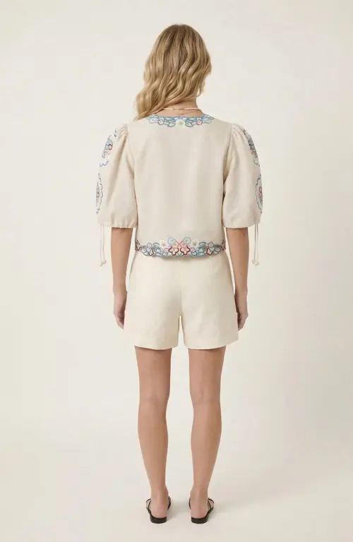 MODENAIRE Floral Embroidered Tie Front Cropped Top