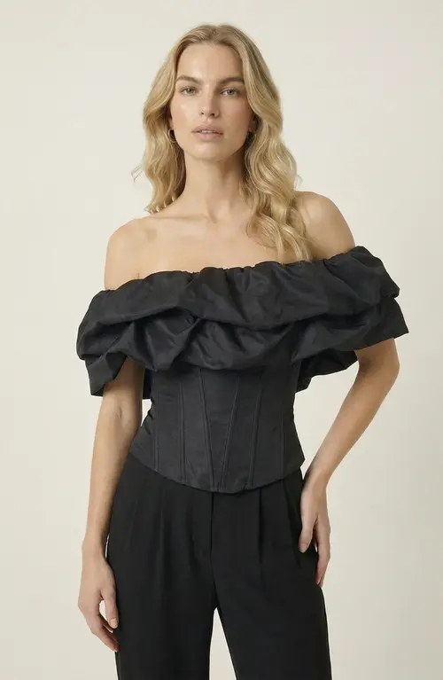 MODENAIRE Off Shoulder Ruffle Overlay Corset Top - Black
