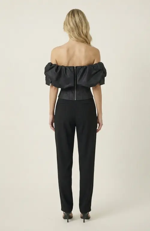 MODENAIRE Off Shoulder Ruffle Overlay Corset Top - Black