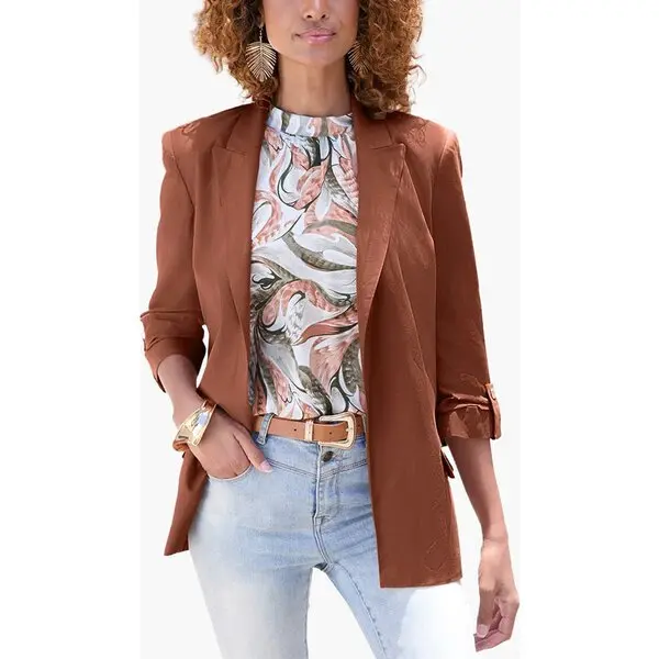 LASCANA Open Front Linen Blazer - Cognac