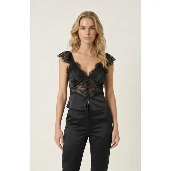 MODENAIRE Lace Trim Satin Corset Top - Black