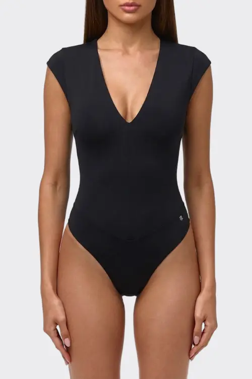 POPILUSH Shapewear V-neck Cap Sleeve Tummy Control Bodysuit - Jet