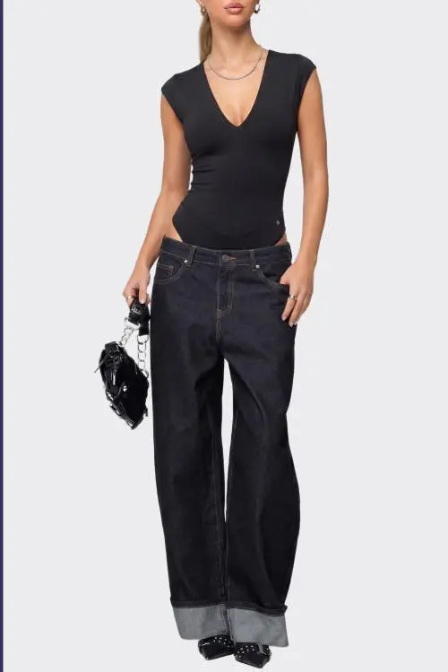 POPILUSH Shapewear V-neck Cap Sleeve Tummy Control Bodysuit - Jet