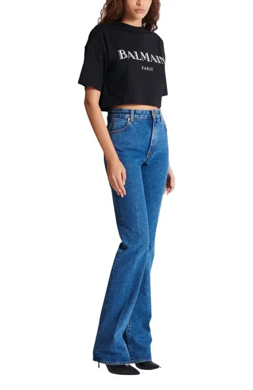 Balmain Boxy Cropped T-shirt With Printed Logo - Black