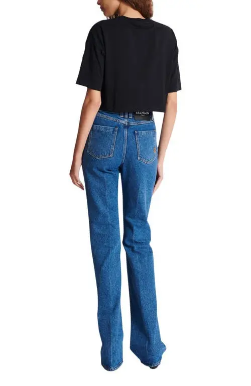 Balmain Boxy Cropped T-shirt With Printed Logo - Black
