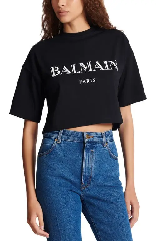 Balmain Boxy Cropped T-shirt With Printed Logo - Black