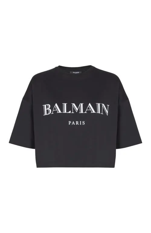 Balmain Boxy Cropped T-shirt With Printed Logo - Black