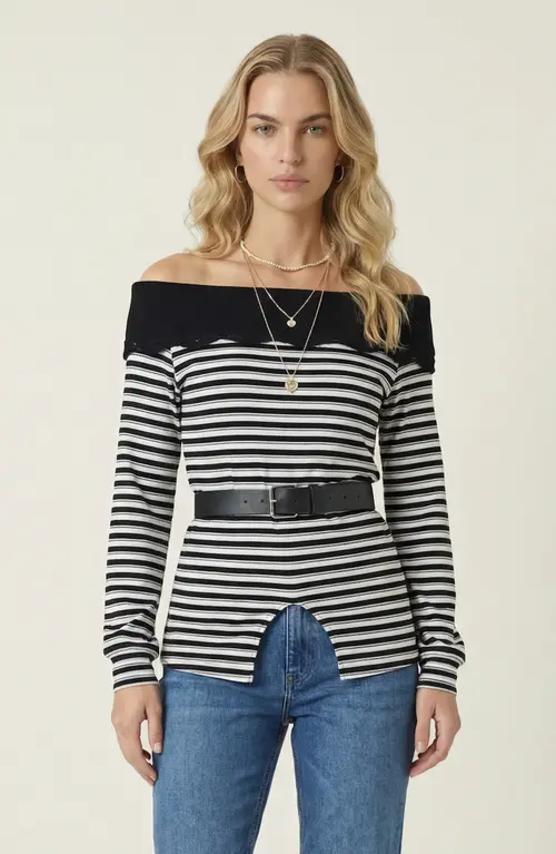 MODENAIRE Off-shoulder Striped Knit Belted Top - Black/white/grey