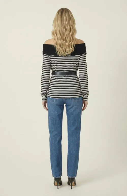 MODENAIRE Off-shoulder Striped Knit Belted Top