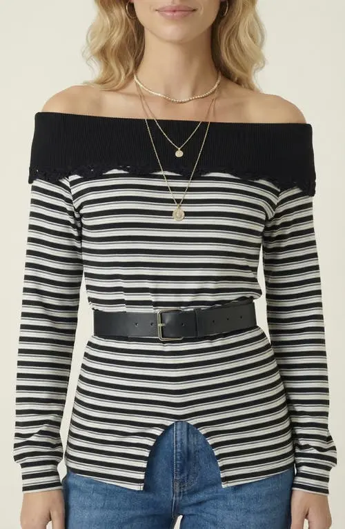 MODENAIRE Off-shoulder Striped Knit Belted Top