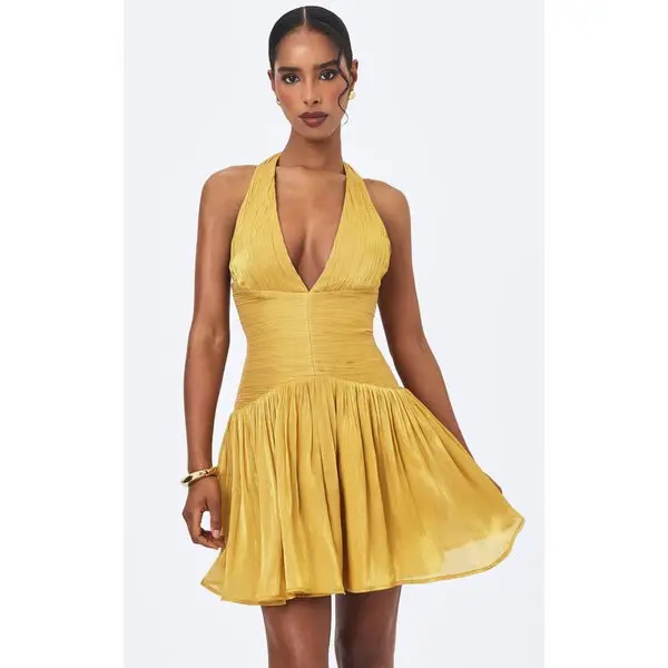 MISS CIRCLE NEW YORK Xavia Crystal Organza Plunging Halter Mini Dress - Gold