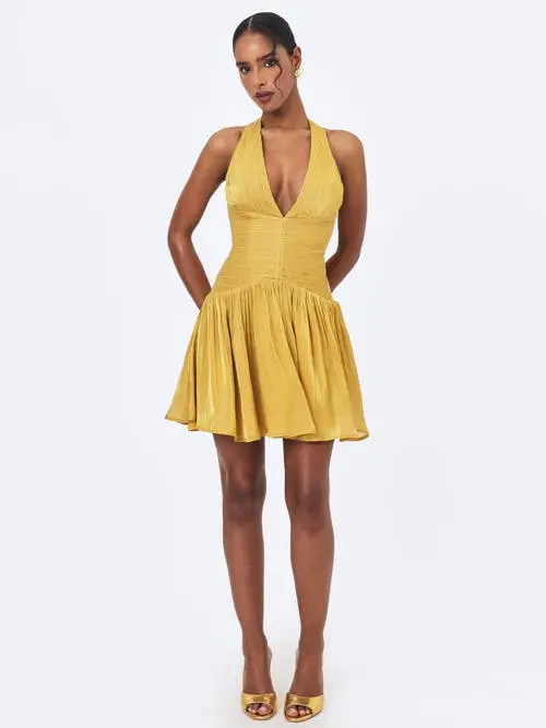 MISS CIRCLE NEW YORK Xavia Crystal Organza Plunging Halter Mini Dress