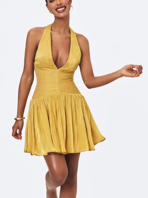 MISS CIRCLE NEW YORK Xavia Crystal Organza Plunging Halter Mini Dress