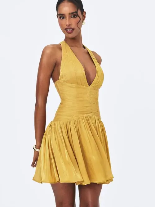 MISS CIRCLE NEW YORK Xavia Crystal Organza Plunging Halter Mini Dress