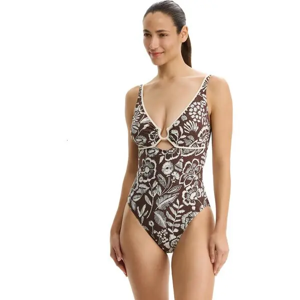 GOTTEX Floral Print V-neck One Piece Swimsuit - Brown