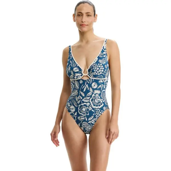 GOTTEX Floral Print V-neck One Piece Swimsuit - Denim
