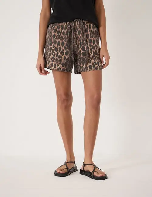 HUSH Betty Leopard Print Pull-on Denim Shorts - Brown Leopard Print