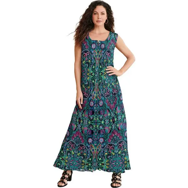 Roaman's Sleeveless Hand Crinkled Button Front A-line Maxi Dress - Green