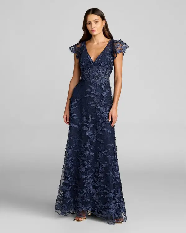 Mac Duggal Petite Floral Embroidered Lace Flutter Sleeve Gown