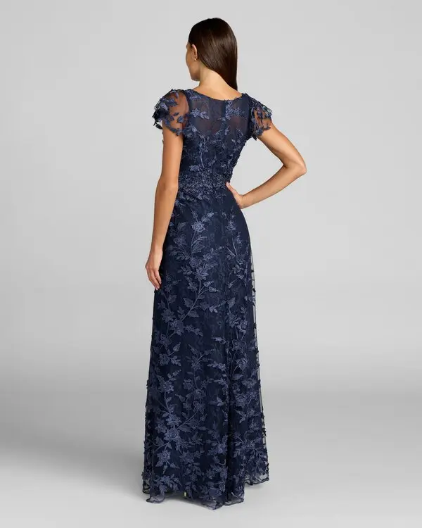 Mac Duggal Petite Floral Embroidered Lace Flutter Sleeve Gown