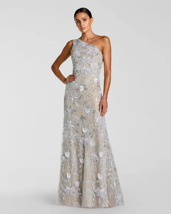 Mac Duggal Petite Sleeveless One Shoulder Embellished Lace Gown - Blue