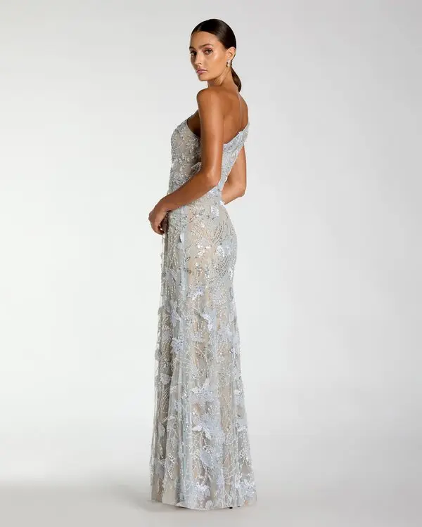 Mac Duggal Petite Sleeveless One Shoulder Embellished Lace Gown