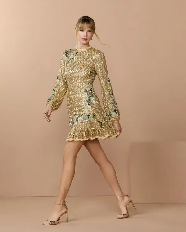 MAC DUGGAL COLLECTION Gold Floral Hand Beaded Long Sleeve Mini Dress - Gold Multi