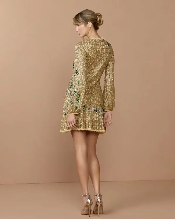 MAC DUGGAL COLLECTION Gold Floral Hand Beaded Long Sleeve Mini Dress