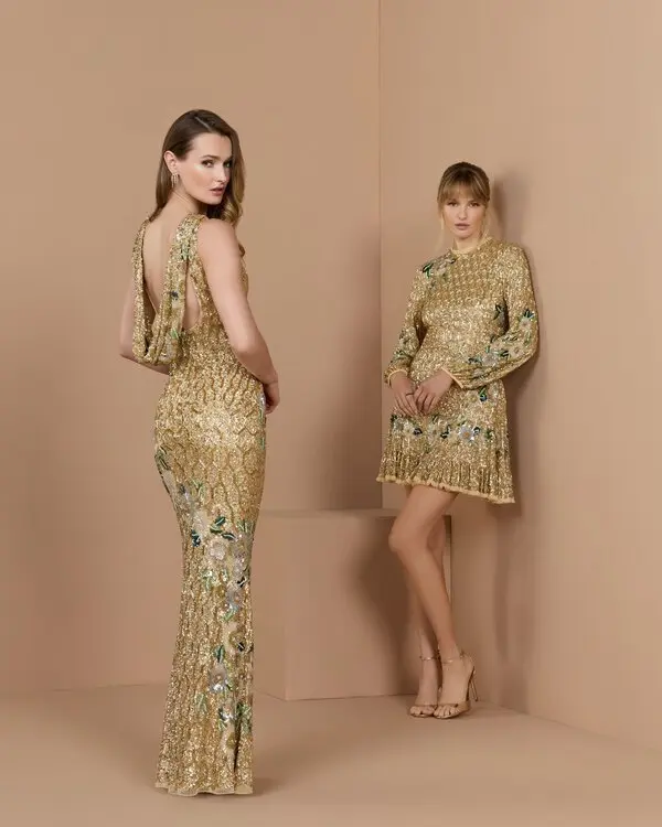MAC DUGGAL COLLECTION Gold Floral Hand Beaded Long Sleeve Mini Dress